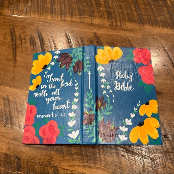 Other | Niv Custom Hand Painted Deep Blue And Floral Holy Bible | Poshmark